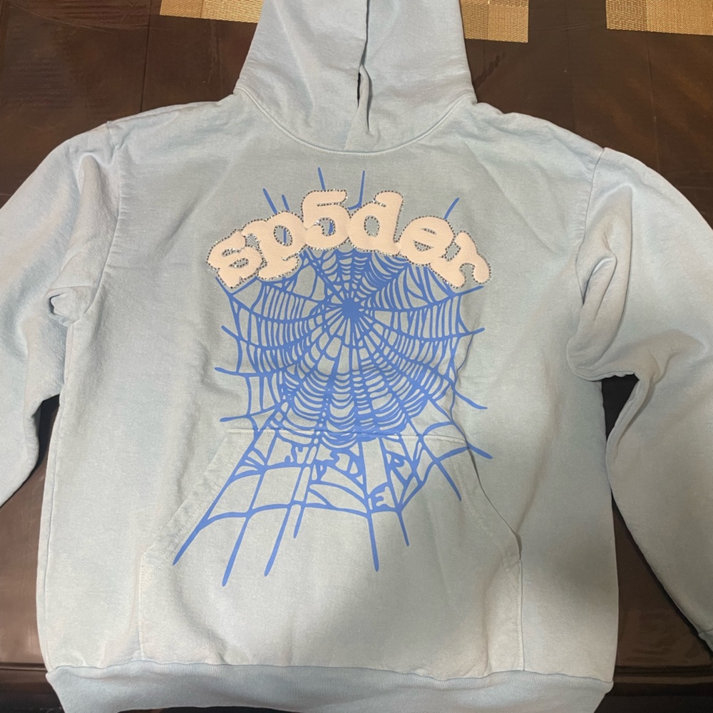 M And L Sp5der Light Blue Spider Worldwide Web Hoodies - Gem